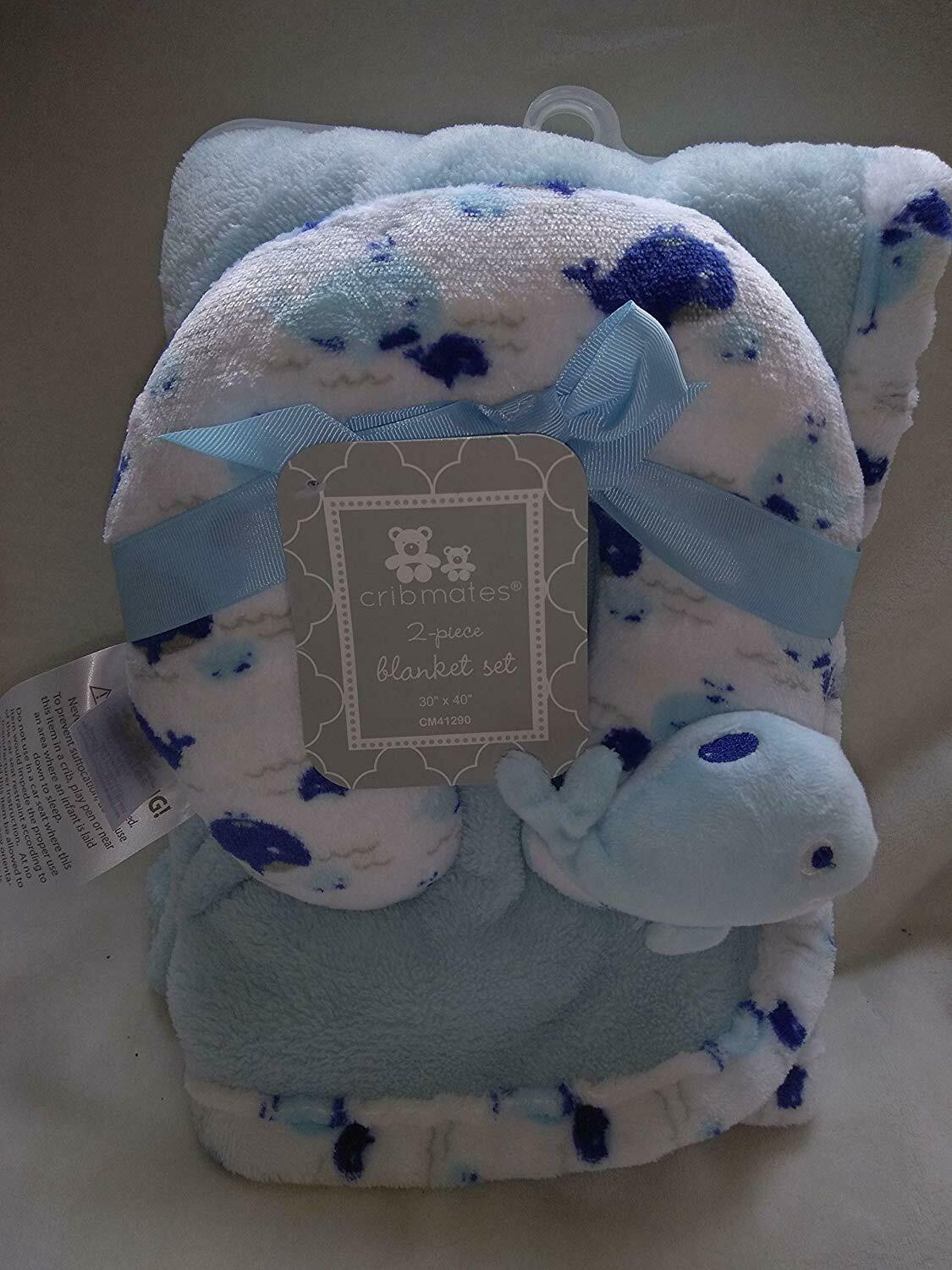 Cribmates 2 Piece Baby Blanket Set; Plush White & Blue Whale Neck Rest ...