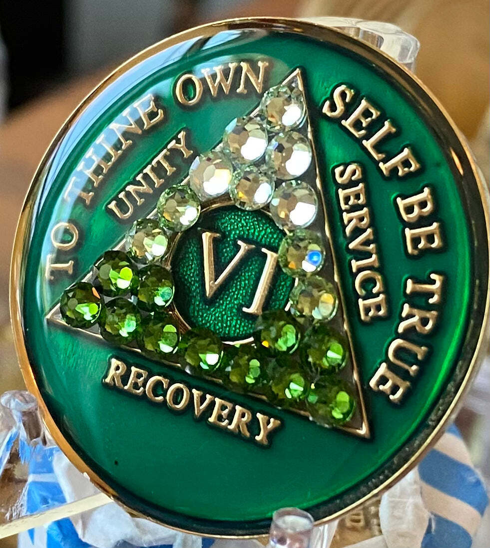 6 Year AA Medallion Green Transition Crystal Sobriety Chip Swarovski ...