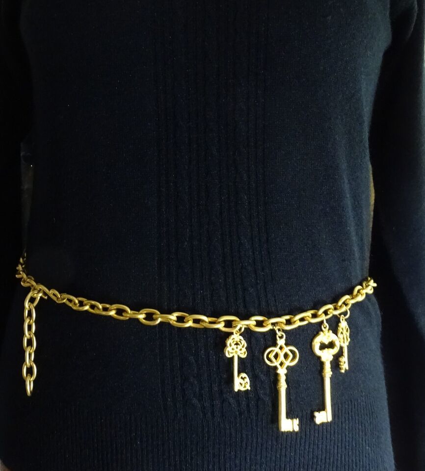 Women's Chain Belt with Dangling Gold Key Charms Hip Waist - Belts