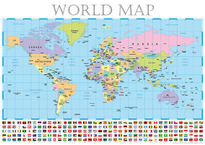 NEW World Map with Flags in Colour A2 Poster Picture Print 59cm x 42cm ...