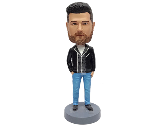 Custom Bobblehead Rocking guy wearing nice leather jacket with one hand ...