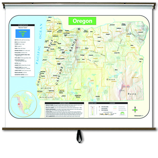 Oregon Large Scale Shaded Relief Wall Map on Roller with Backboard ...
