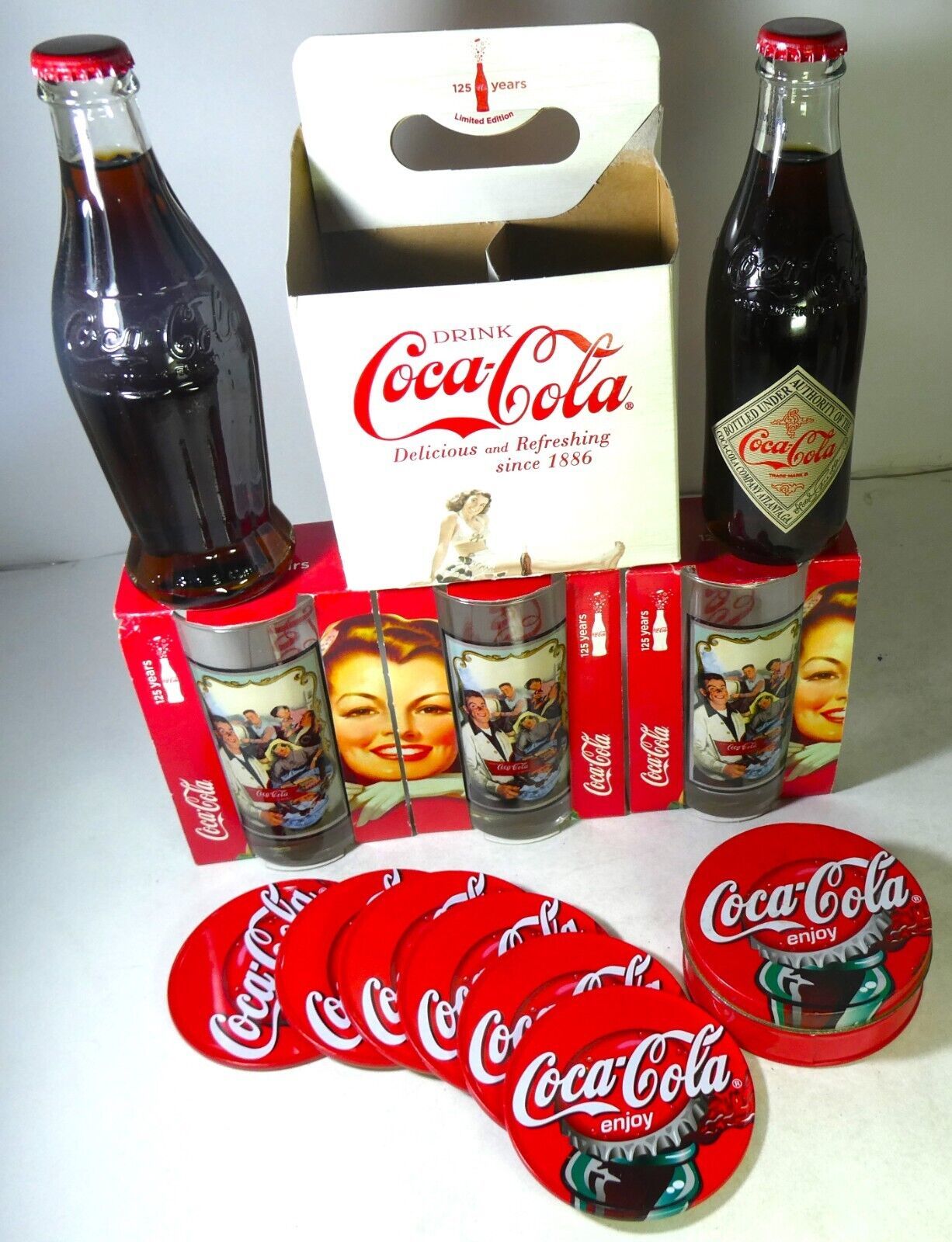 Coca-Cola set 2 bottle Full & 3 Glasses For 125TH Anniversary & 6 ...