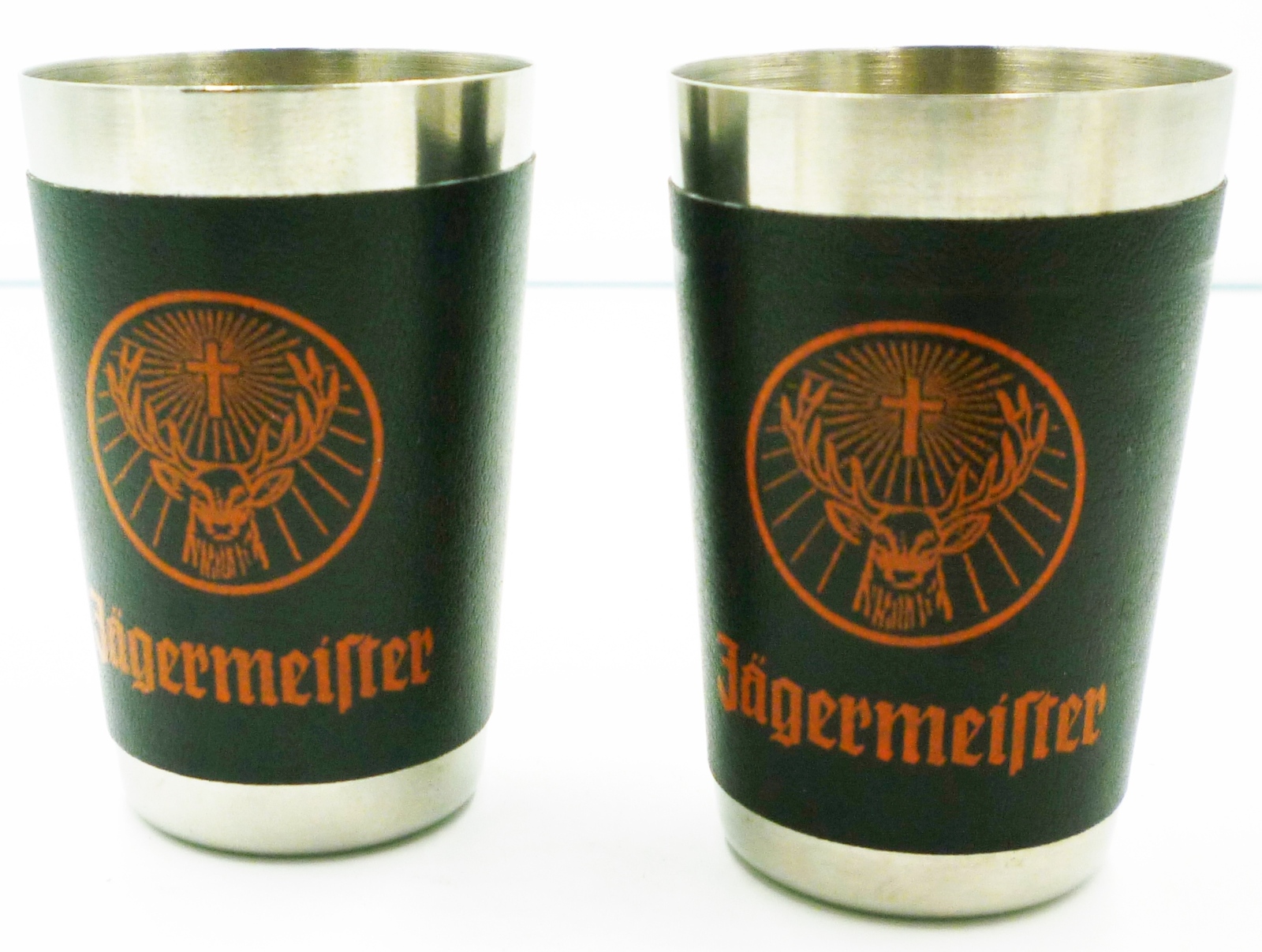 JAGERMEISTER SHOT GLASSES STAINLESS LEATHER BOUND SET OF 2 - Shot Glasses