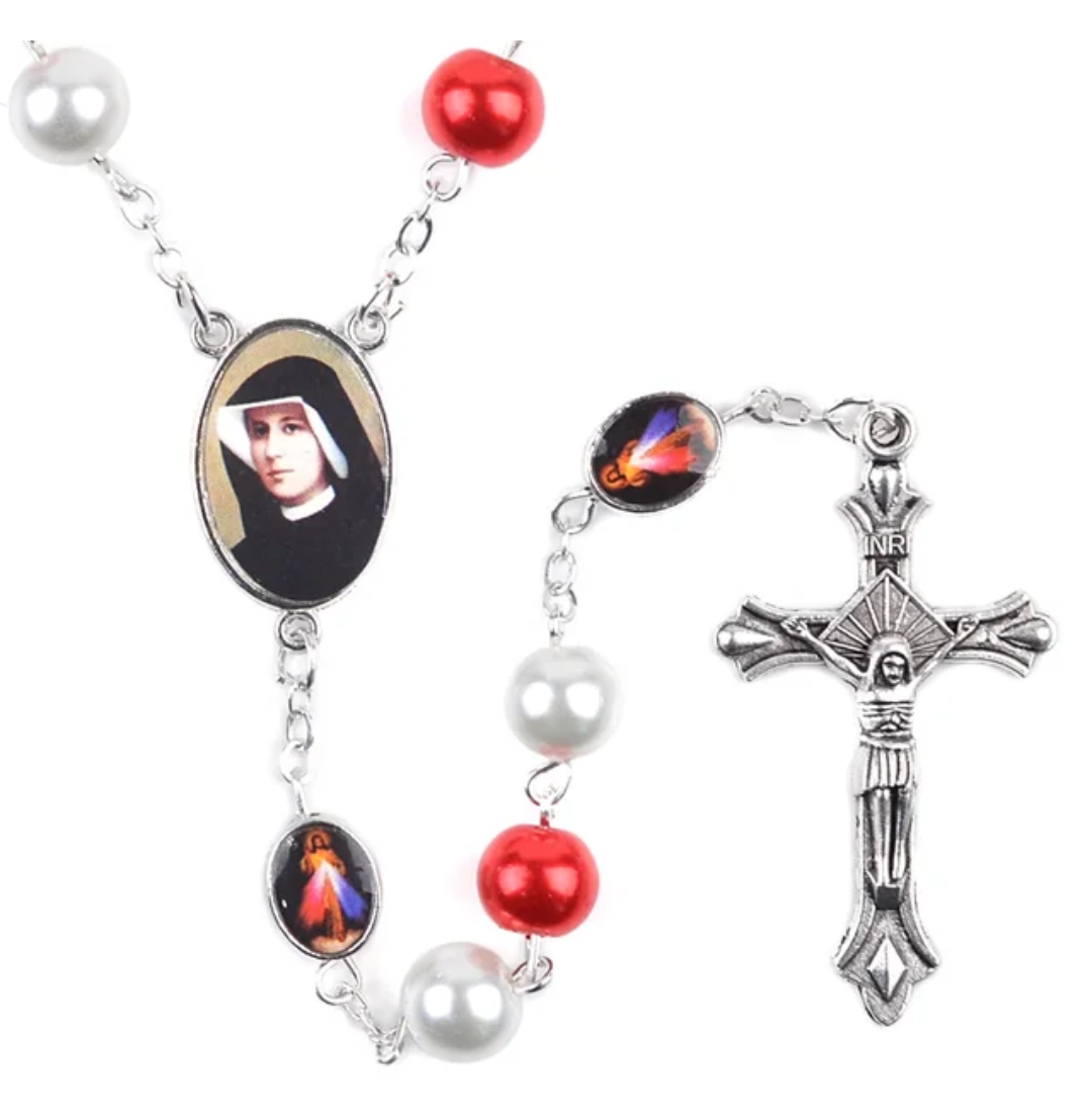 Divine Mercy Jesus & St Faustina Center Rosary Red White 8mm Glass Bead ...