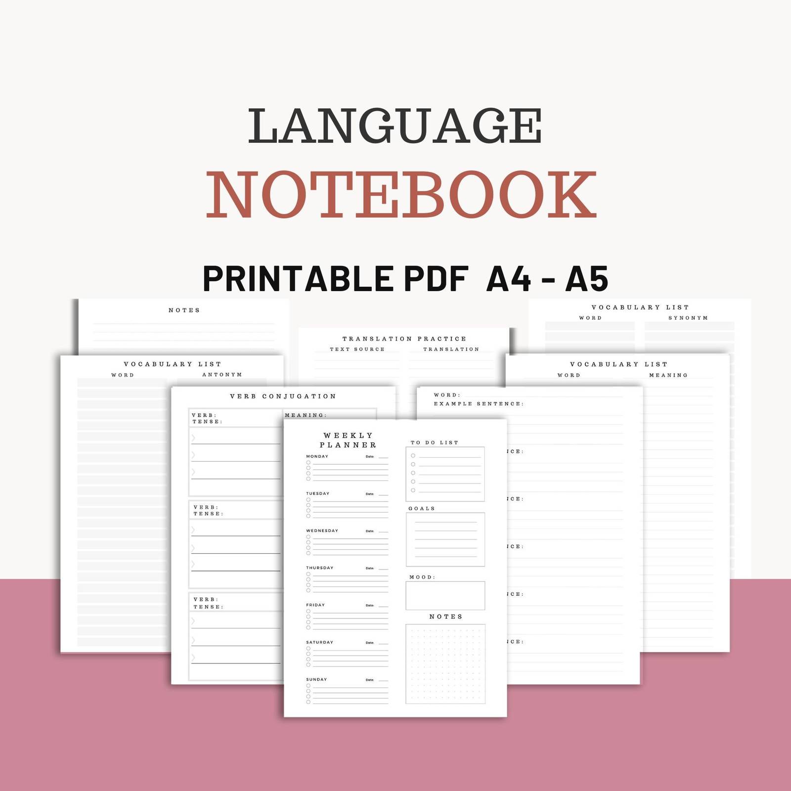 Language Learning Notebook | Printable PDF Worksheet | A4 - A5 ...
