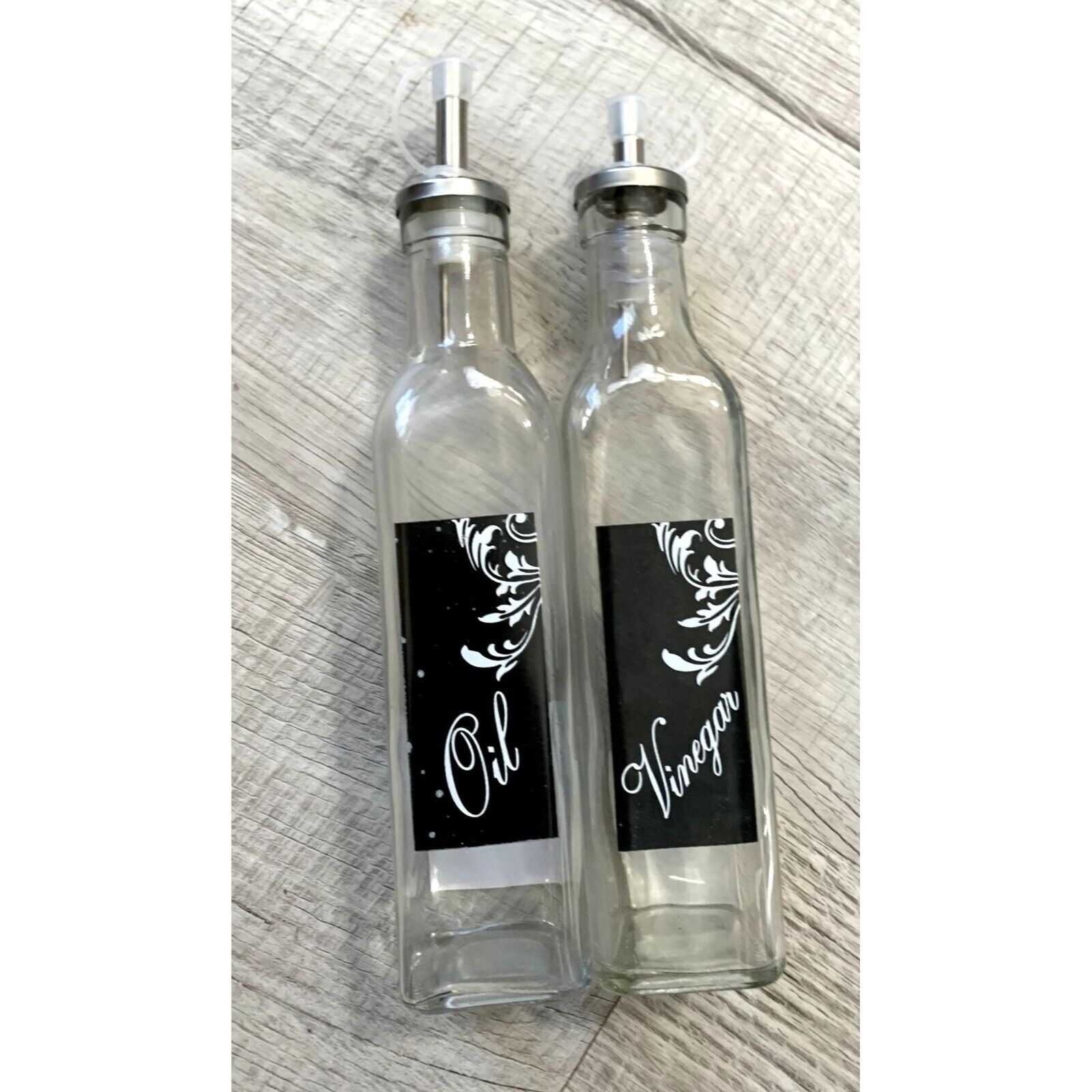 New Glass Oil and Dispenser Bottles Cursive Writing Black Clear White ...