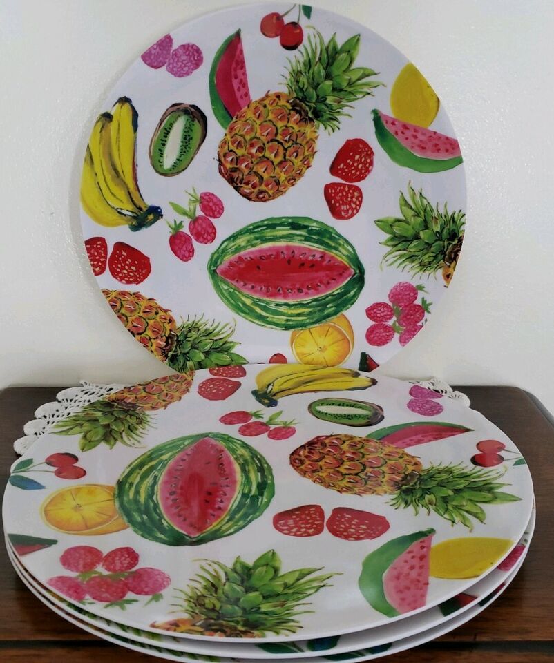 Set of Four (4) ~ Mainstays ~ Melamine ~ Tropical Fruit Design ~ Dinner ...