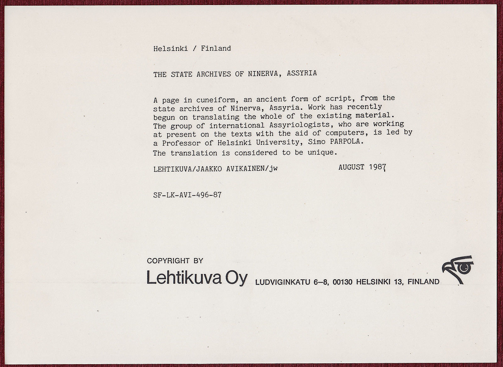 1987 Runes Script Original Photo Finland Cuneiform Ninerva Assyria ...