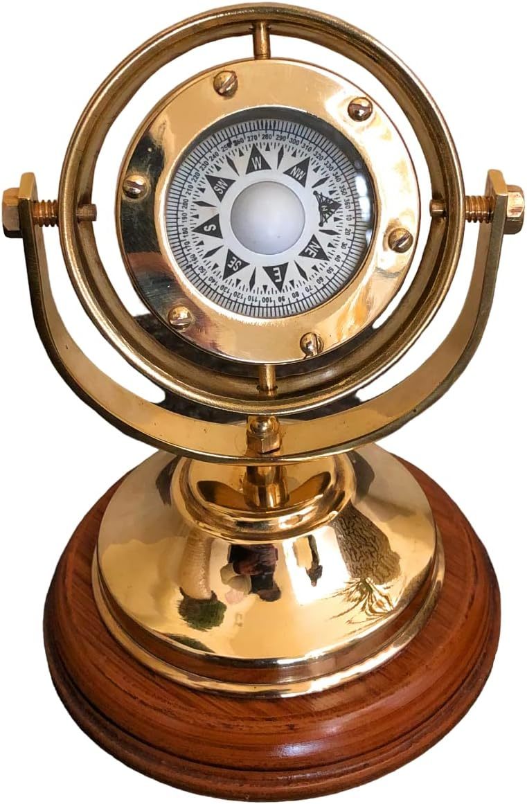 Nautical 3xglass 5" Brass Plated Gimbal Compass with Stand - Home ...