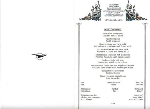 Blue Train Menu South African Transport Catering Department - Menus