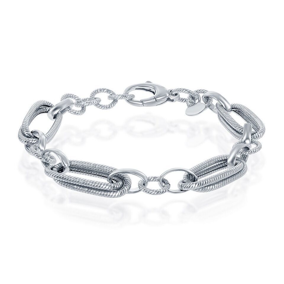 Sterling Silver Rope Design Oval and Round Linked Bracelet - Bracelets ...