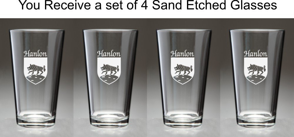 Hanlon Irish Coat of Arms Pint Glasses - Set of 4 (Sand Etched) - Equipment