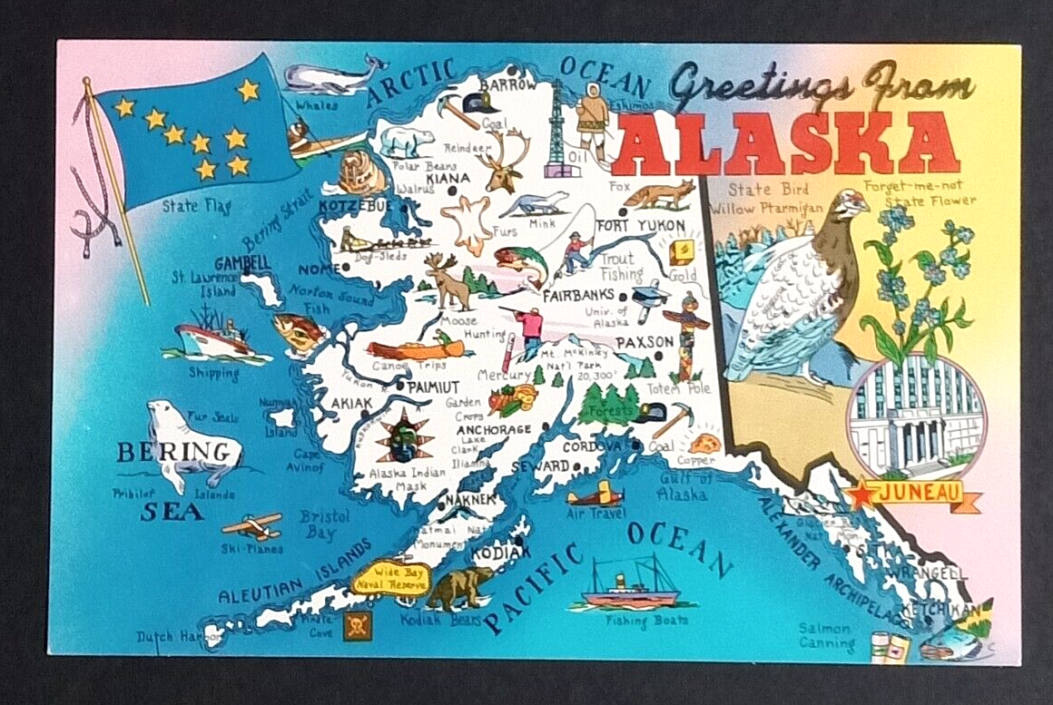 Greetings from Alaska AK Large Letter State Map Bird Tichnor UNP ...