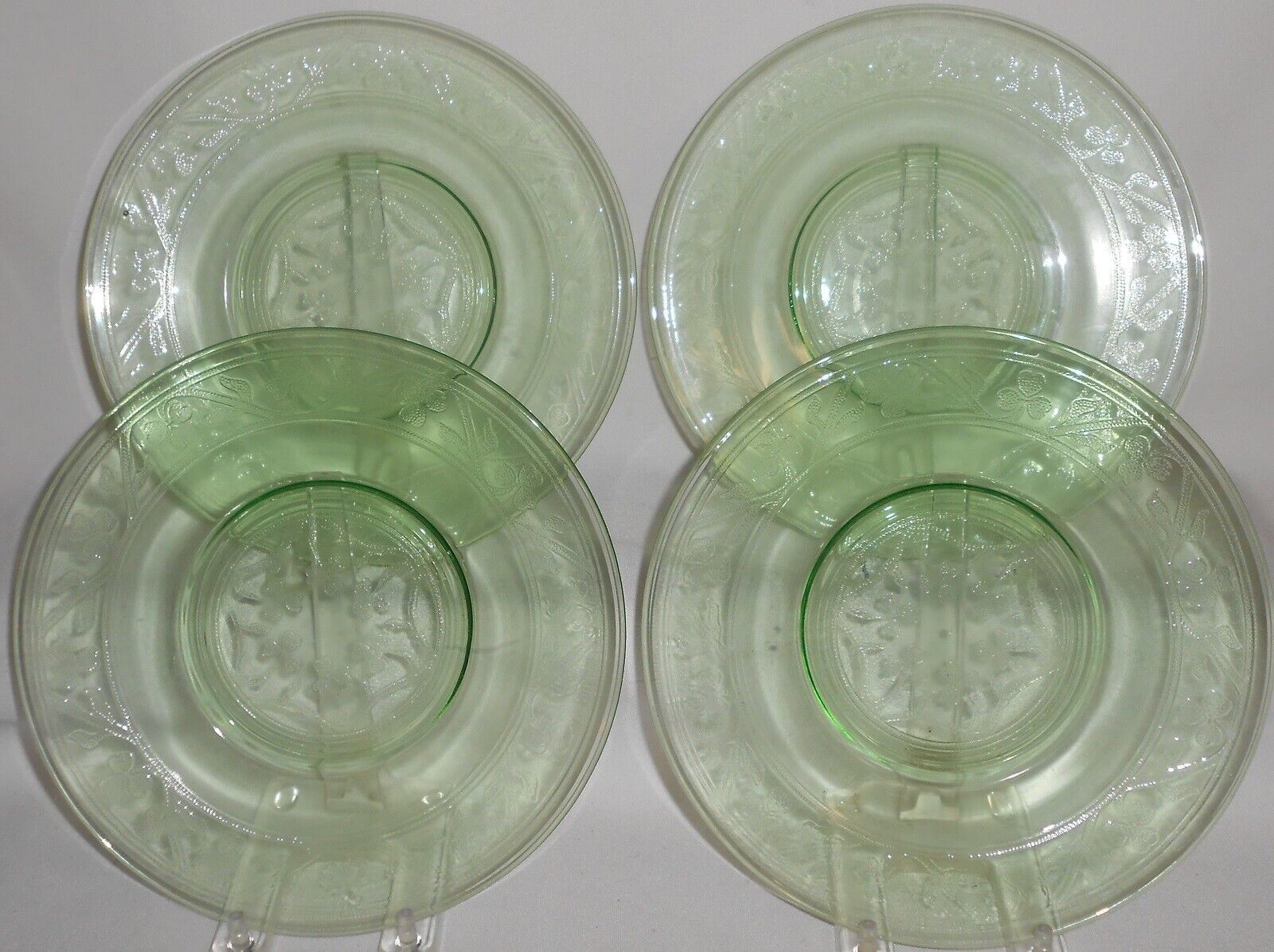 1930s Set (4) Hazel Atlas CLOVERLEAF PATTERN Green Depression LUNCHEON ...