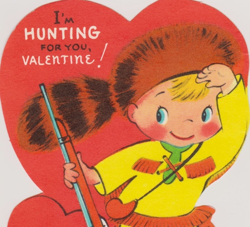 Boy in Coon Skin Cap W/ Gun Hunting a Valentine Vintage 1950's ...