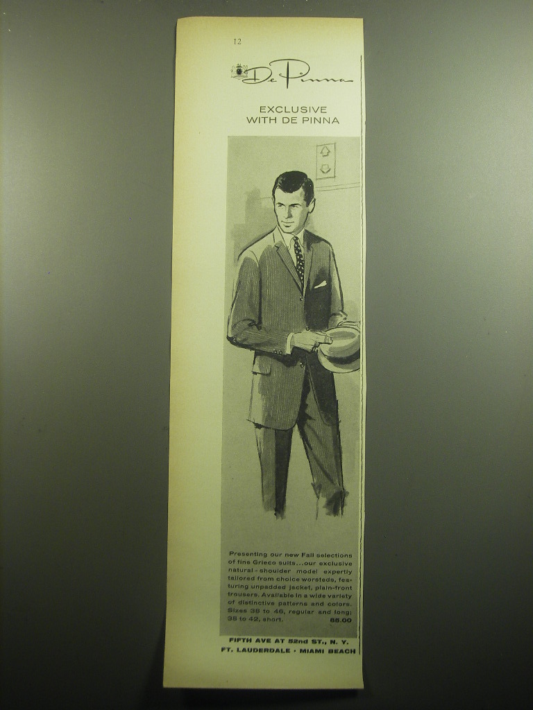 1958 De Pinna Grieco Suit Ad - De Pinna exclusive with De Pinna - 1980-89