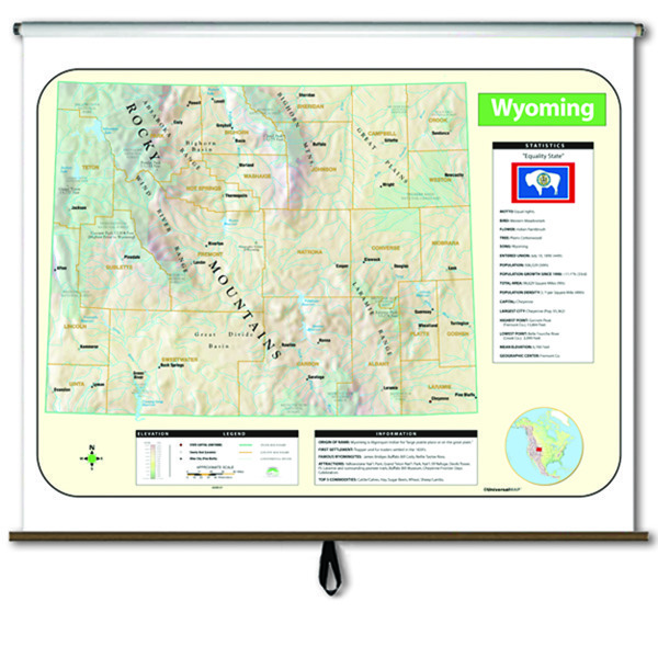Wyoming Large Scale Shaded Relief Wall Map on Roller - Maps & Atlases