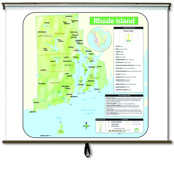 Rhode Island Large Scale Shaded Relief Wall Map on Roller with ...
