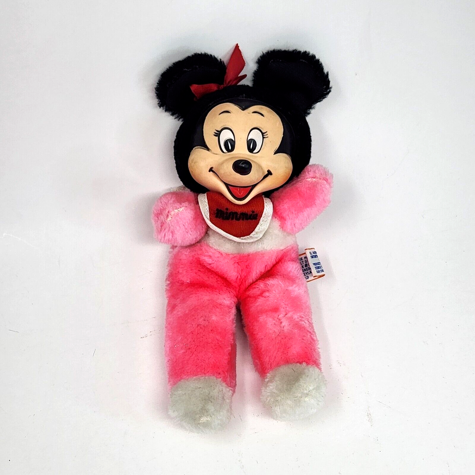 11" VINTAGE DISNEY RUBBER FACE MINNIE MOUSE W/ BIB PINK STUFFED ANIMAL ...