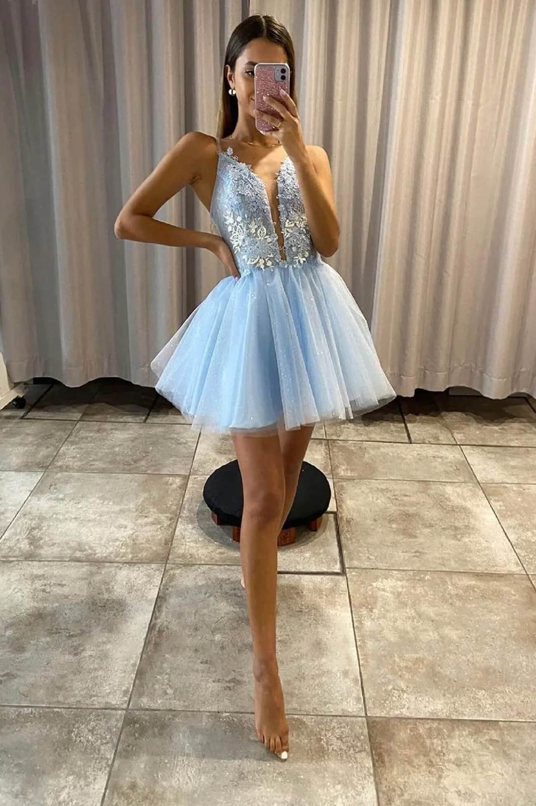 Light Blue Appliques Prom Dresses with Detachable Train,Elegant Tulle ...