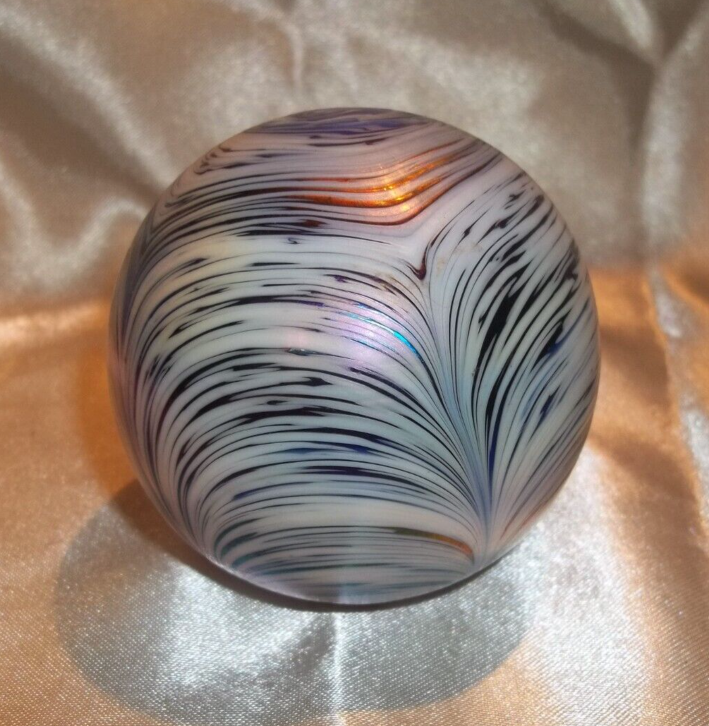Striking Art Glass Paperweight Feathered Iridescent on Cobalt Blue ...