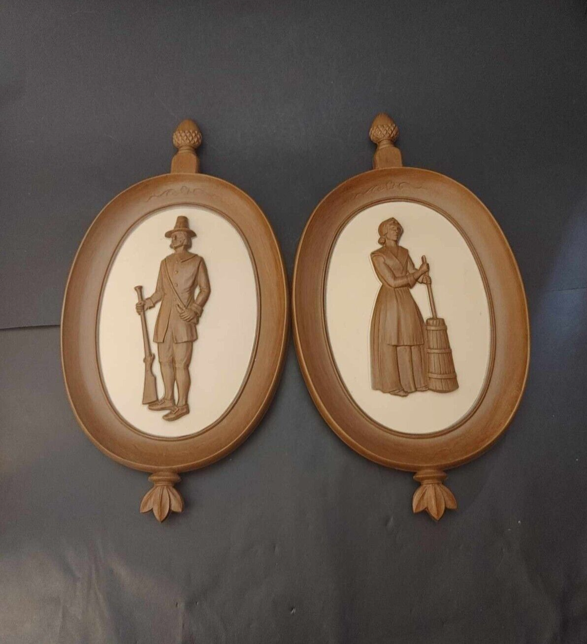 Vintage 1960 Syroco Early American Pilgrim Couple Wall Plaque Set #4777 ...