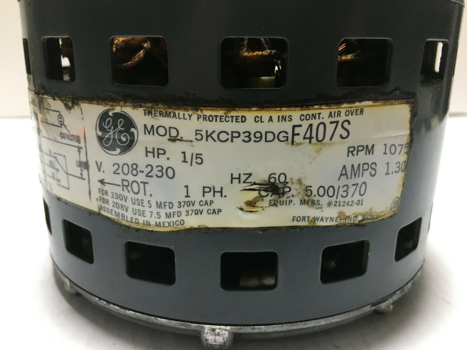 GE FAN MOTOR 5KCP39DGF407S 1/5 HP 1075 RPM 208-230 V 21242-01 used # ...