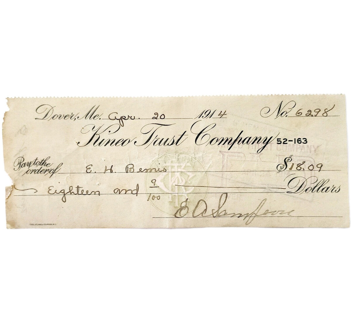 1914 Kineo Trust Company Bank Check E.A. Sampson Dover Maine Signed ...