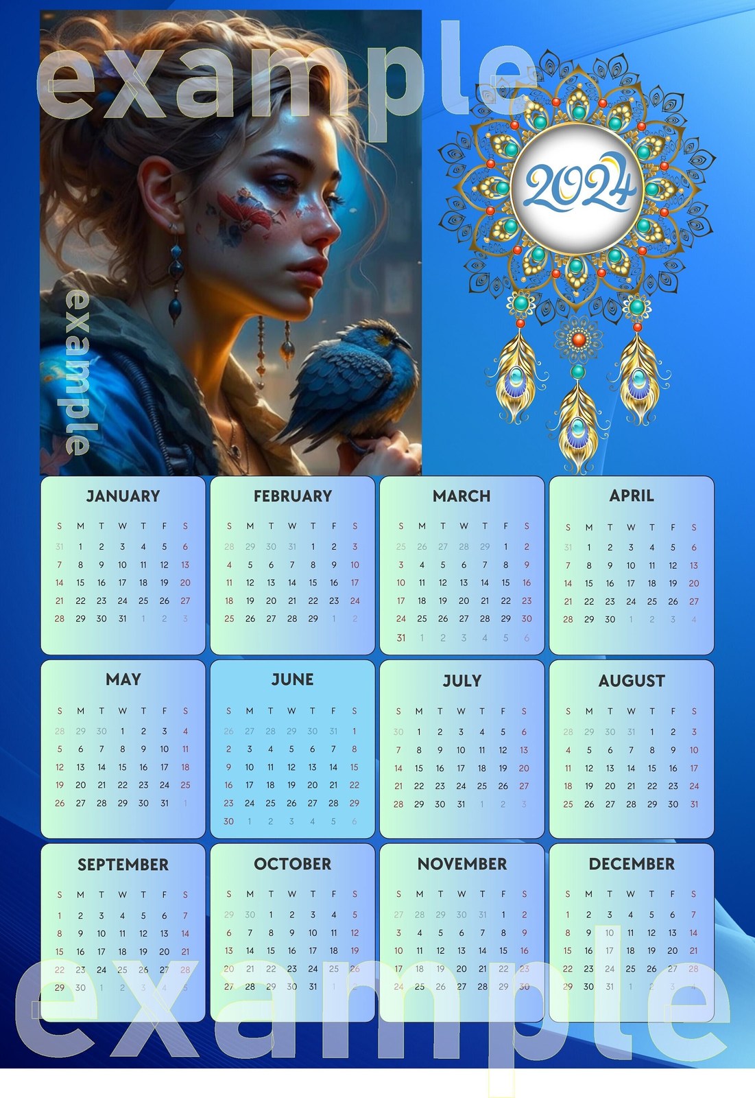 Beautiful 2024 calendar. Girl with a blue bird. Desk calendar printable ...