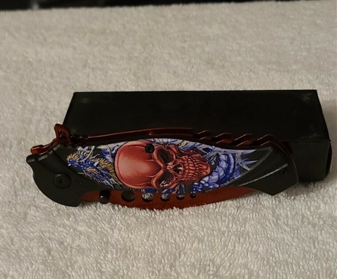 SKULL DRAGON FANTASY MYTHICAL SPRING ASSISTED KNIFE WITH BELT CLIP RED ...