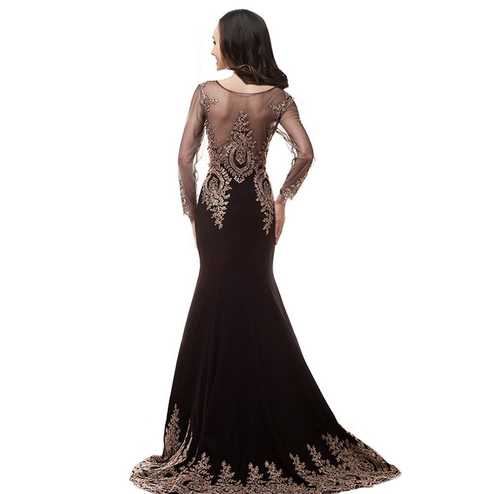 Kivary Vintage Illusion Long Sleeves Mermaid Gold Lace Crystals Prom ...