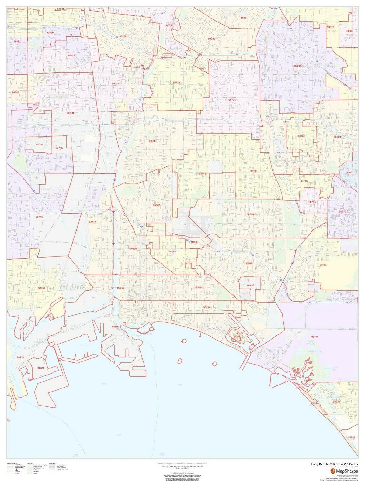 Long Beach, California ZIP Codes Laminated Wall Map (MSH) - Maps & Atlases