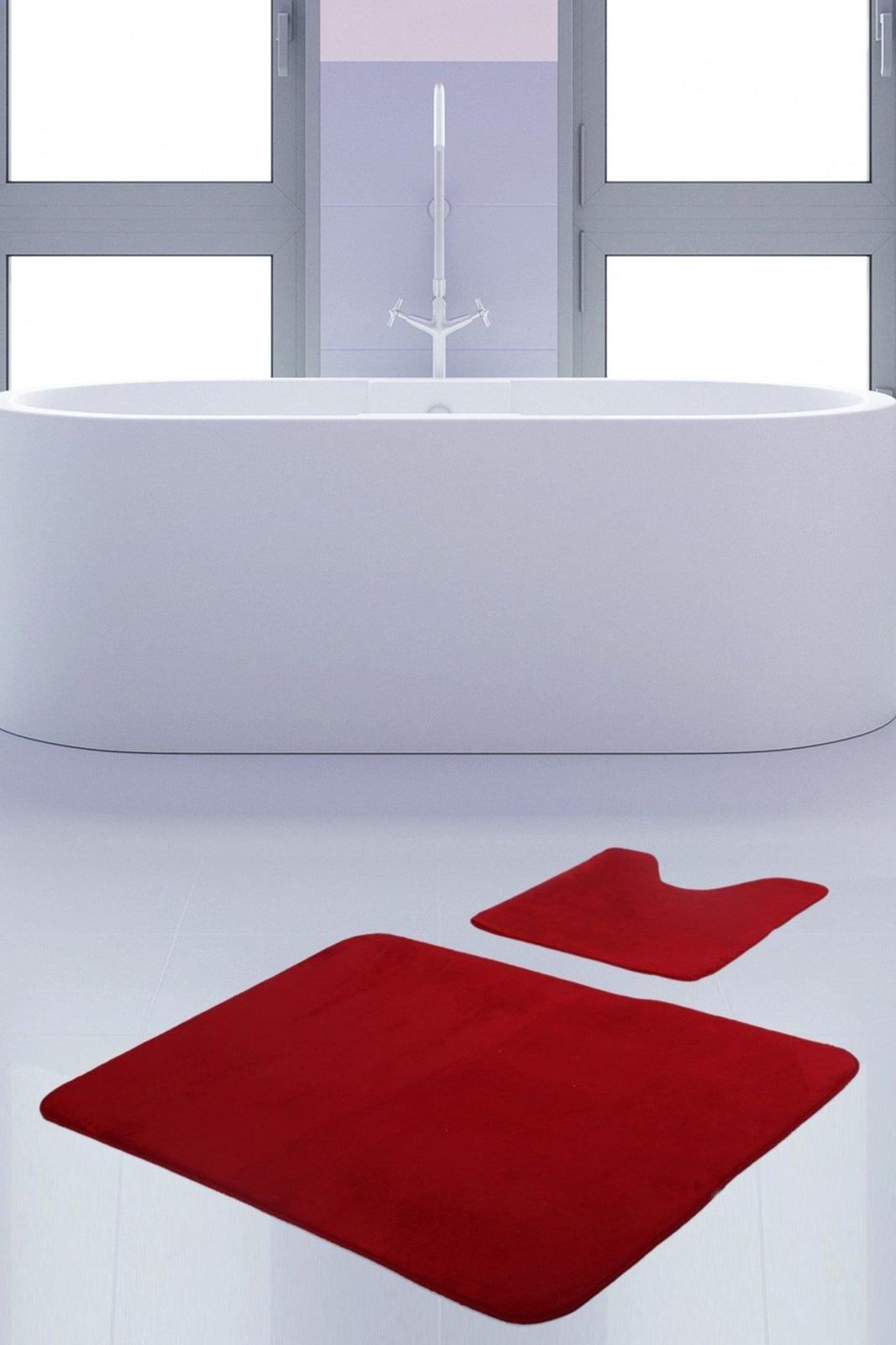 Unicolor Plain Red 2 Piece Bath Mat Rug Set Non-Slip Floor Closet Set ...