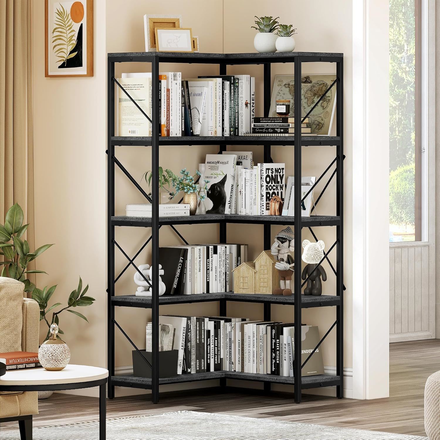 Yitahome Corner Bookshelf, Industrial Corner Shelf 5 Tier Bookcase ...