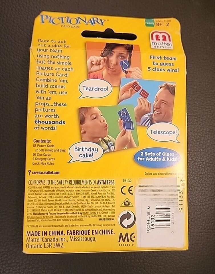 PICTIONARY Family Card Game Travel Size Take Along 2 Teams Age 8+ from ...