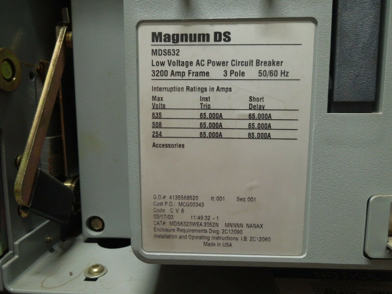 Cutler-Hammer Magnum DS MDS632 3200A Fr 3000A RP 3p 600V MO/DO Digitrip ...
